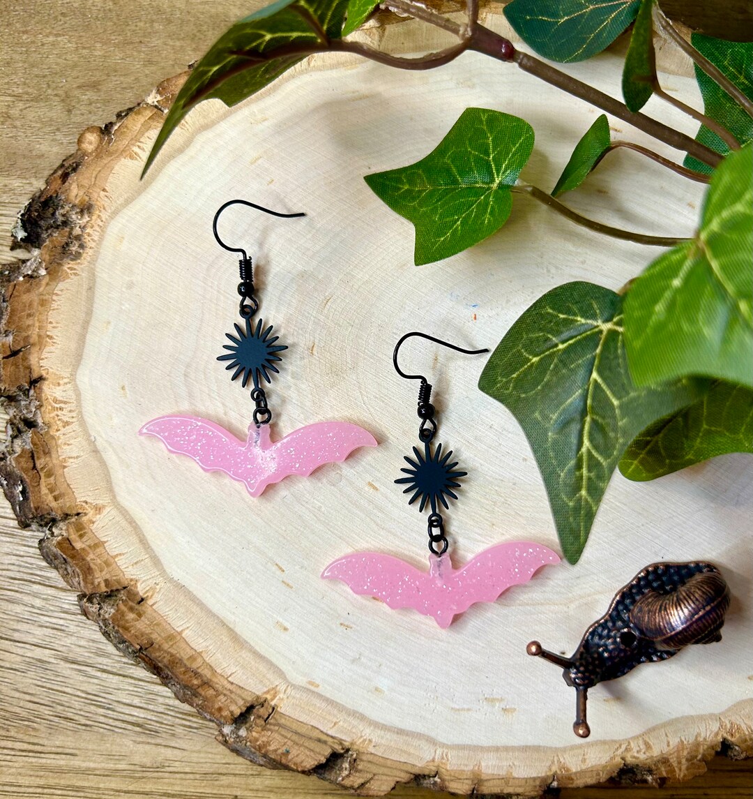 Pink Sparkle Acrylic Bats and Black Sun Halloween Drop Dangle Earrings ...