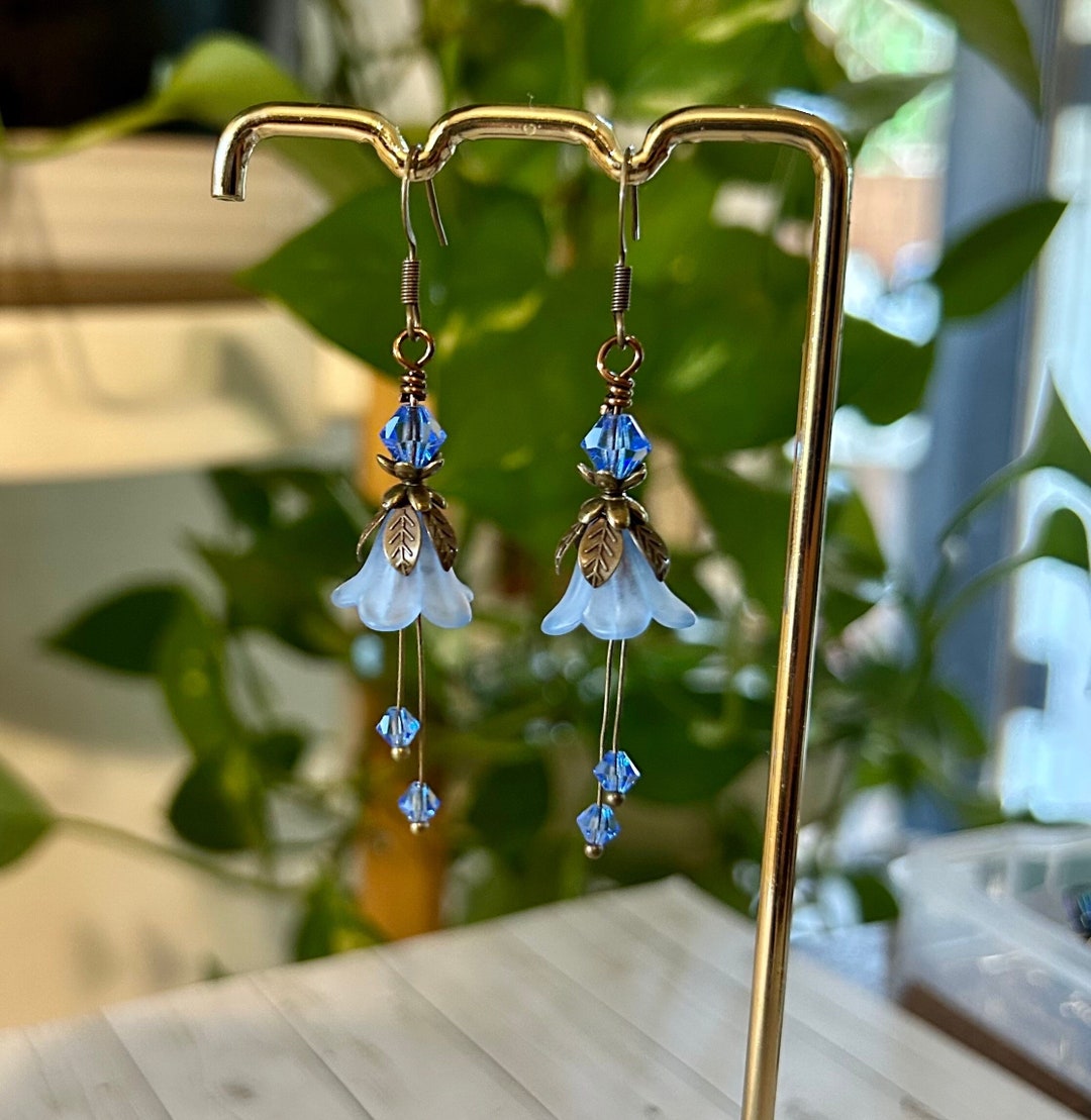 Cerulean Blue Frosted Glass Lucite Bell Flower Bronze Earrings. Gift ...