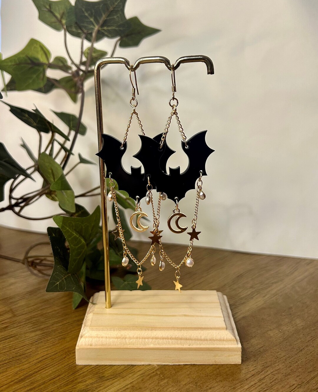Black Acrylic Bats and Gold Chain Moon and Star Halloween Drop Dangle ...
