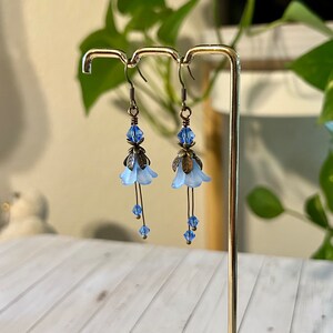Cerulean Blue Frosted Glass Lucite Bell Flower Bronze Earrings. Gift ...