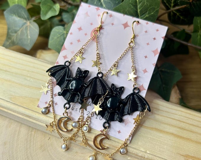 Black Bats and Gold Chain Moon Star and Pearls Halloween Drop Dangle ...