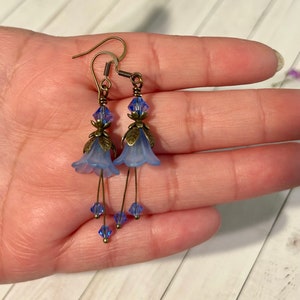 Cerulean Blue Frosted Glass Lucite Bell Flower Bronze Earrings. Gift ...