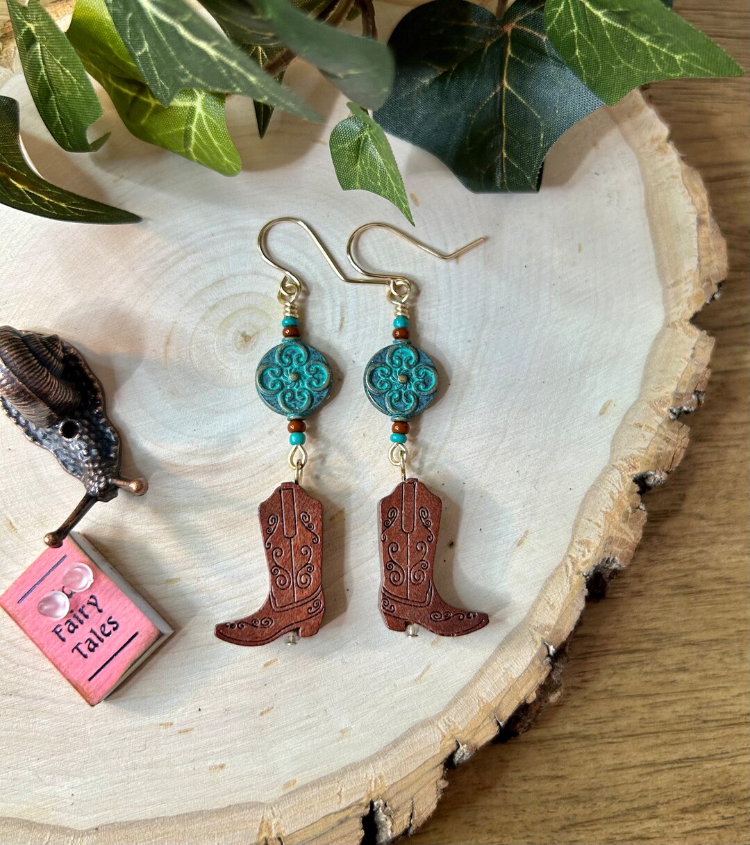 Carved Wood Cowboy Boots and Turquoise Metal Western Style Statement ...