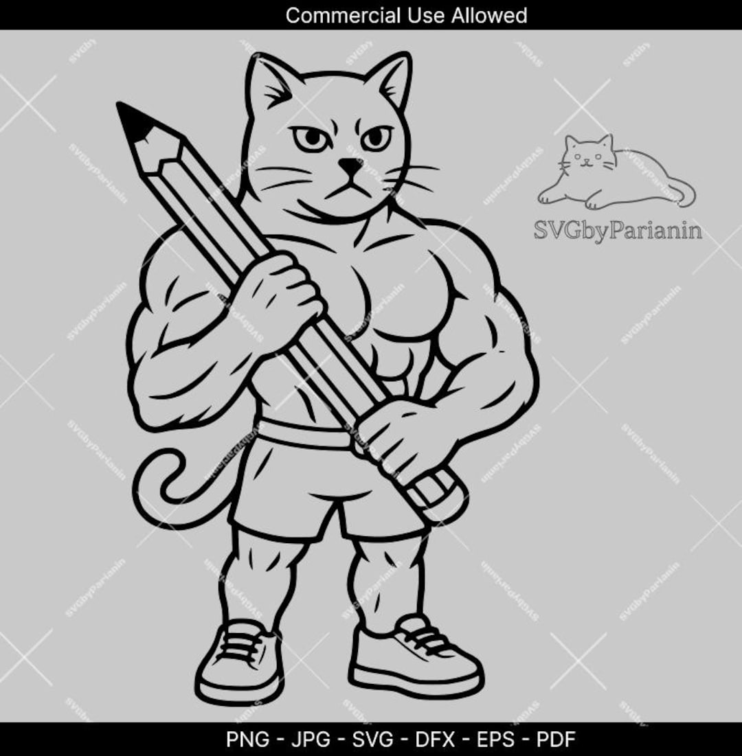 Strong Cat SVG | Buff Bodybuilder Cat With Pencil | Gym Cat Clipart for ...