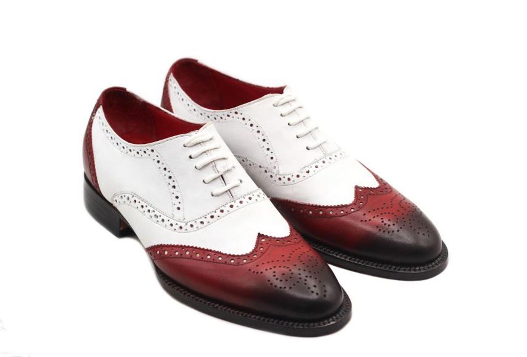 Handmade White & Red Leather Wingtip Brogue Oxfords - Etsy