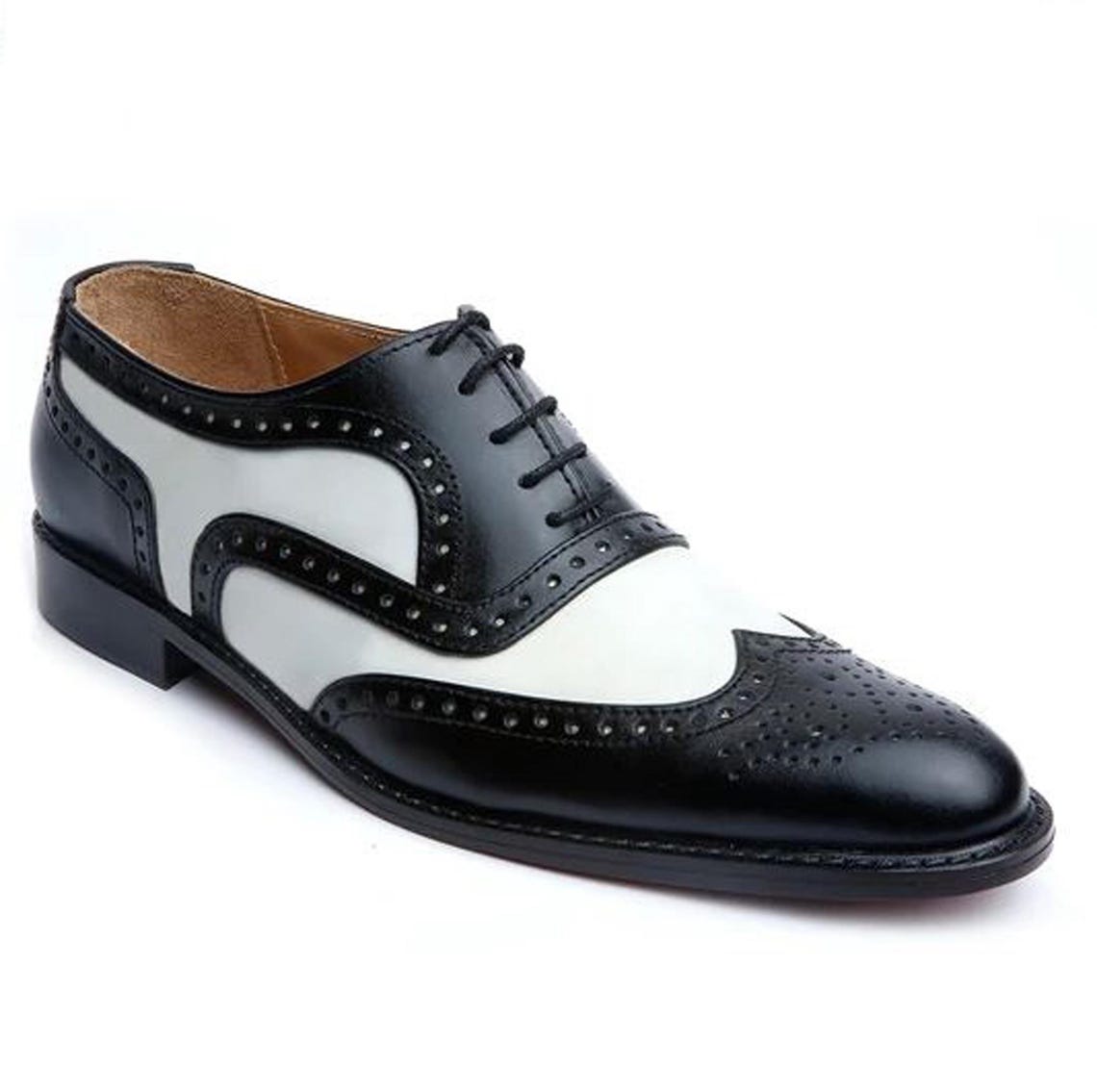 Handmade White & Black Color Genuine Calf Leather Stylish Wing Tip ...