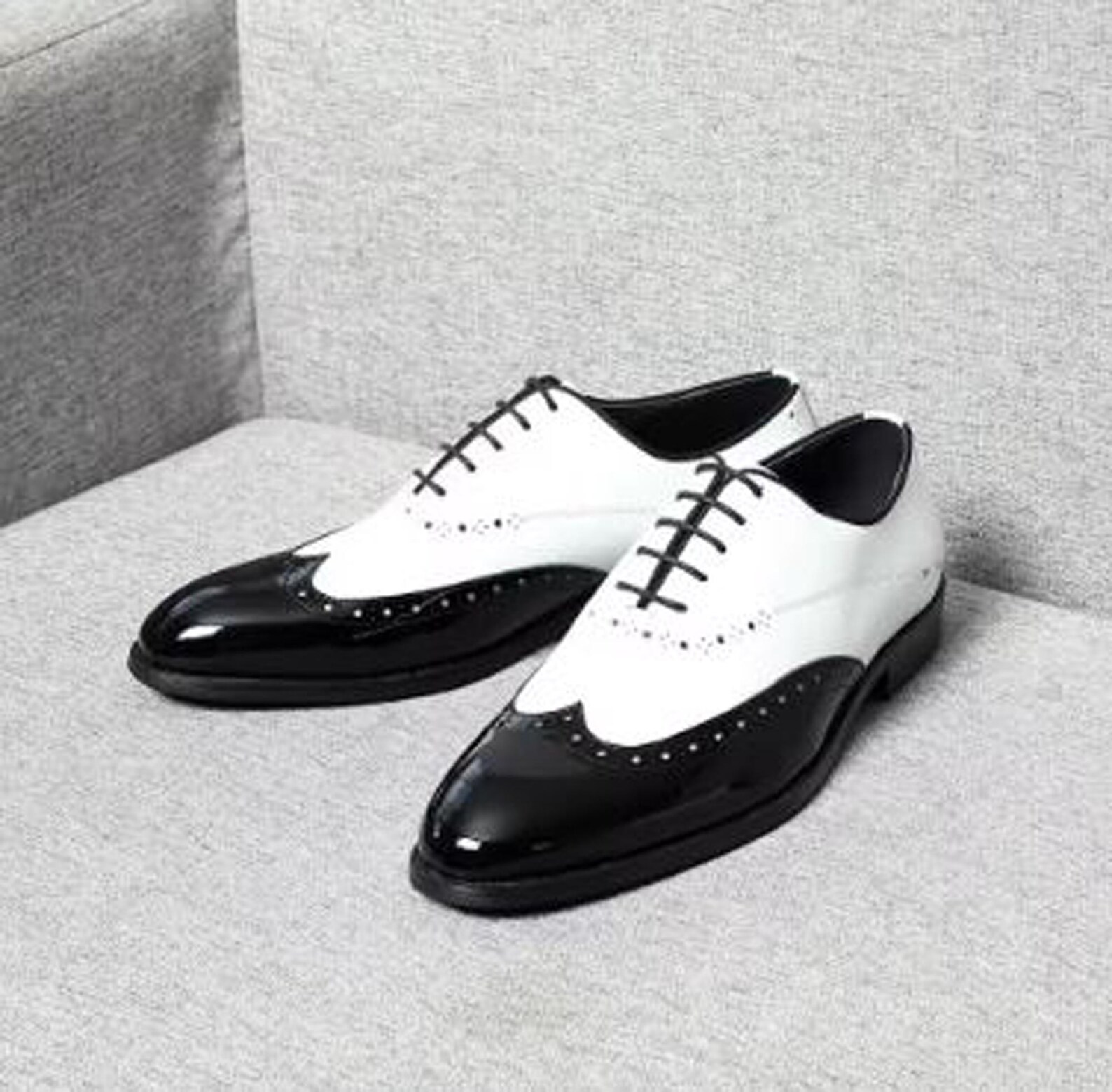 Handmade White & Black Color Genuine Calf Leather Stylish Wing Tip Lace ...