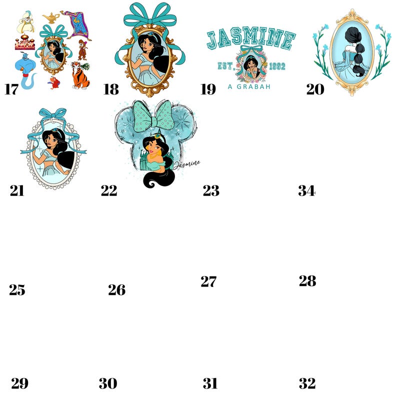 Disney Princess Jasmine Gang Sheet DTF Transfer, Minnie Head and Disney ...