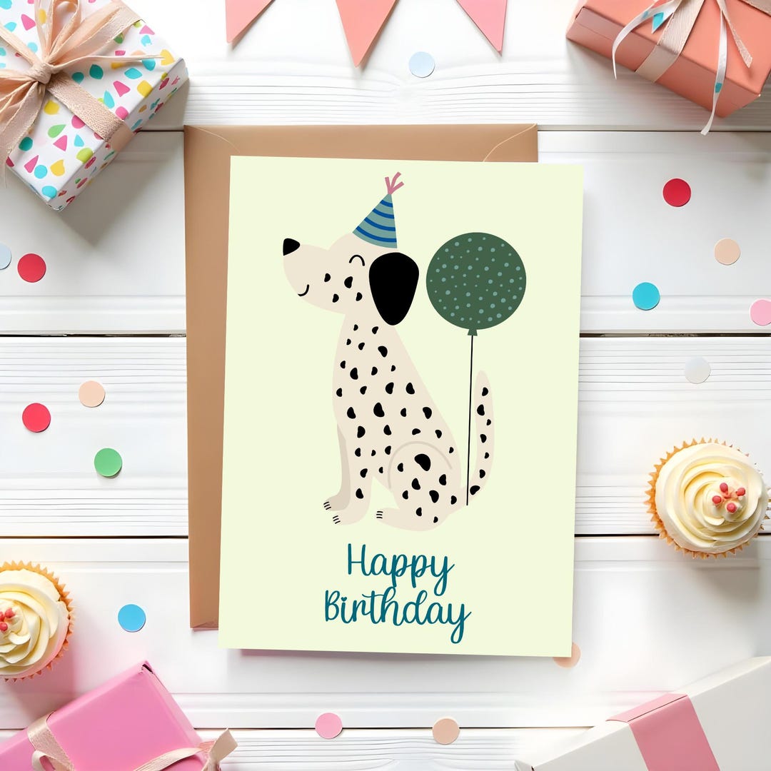 Printable Birthday Card: Cute Dalmatian Dog With Party Hat and Balloon ...