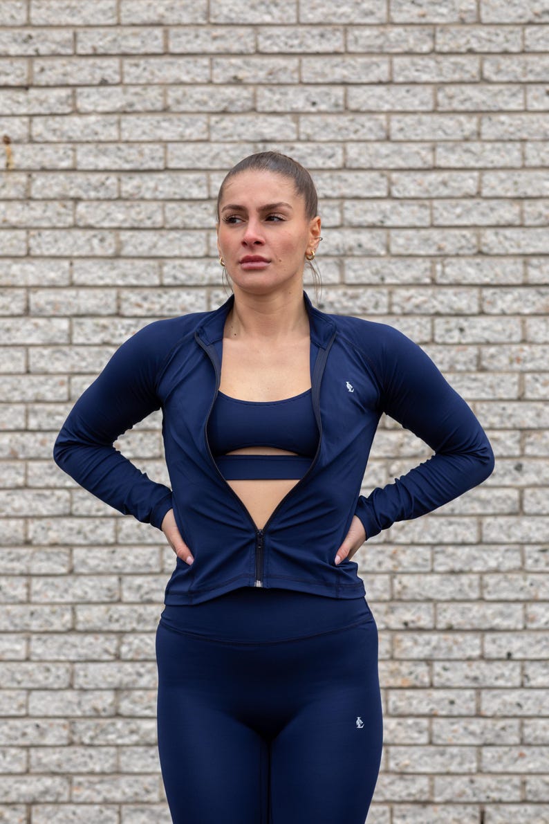 Women’s Navy Blue 3 Piece Gym Set – Sports Jacket, Sports Bra & High ...