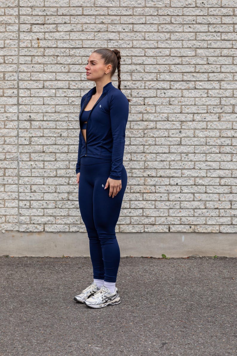 Women’s Navy Blue 3 Piece Gym Set – Sports Jacket, Sports Bra & High ...
