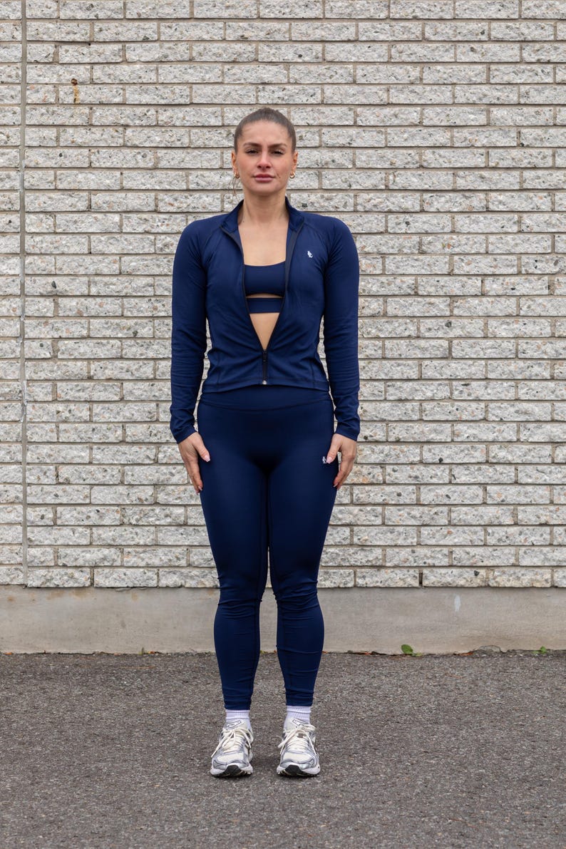 Women’s Navy Blue 3 Piece Gym Set – Sports Jacket, Sports Bra & High ...