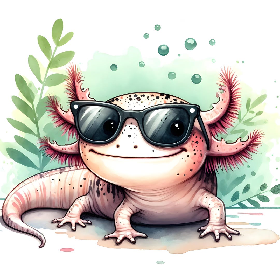 Watercolor Cool Axolotl With Sunglasses PNG - Cute Amphibian Art - Etsy