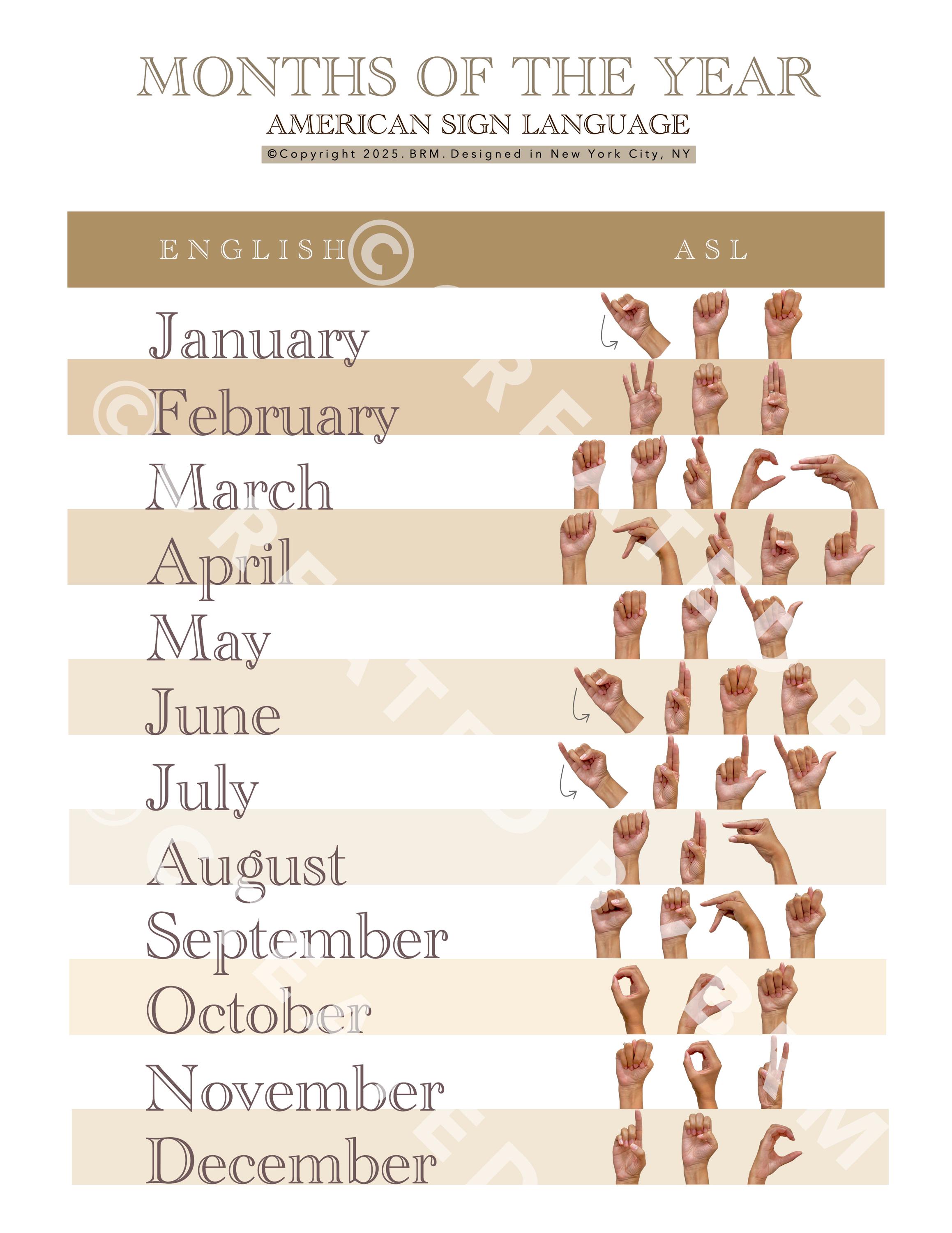 POSTER: Months of the Year in English and ASL (american Sign Language ...