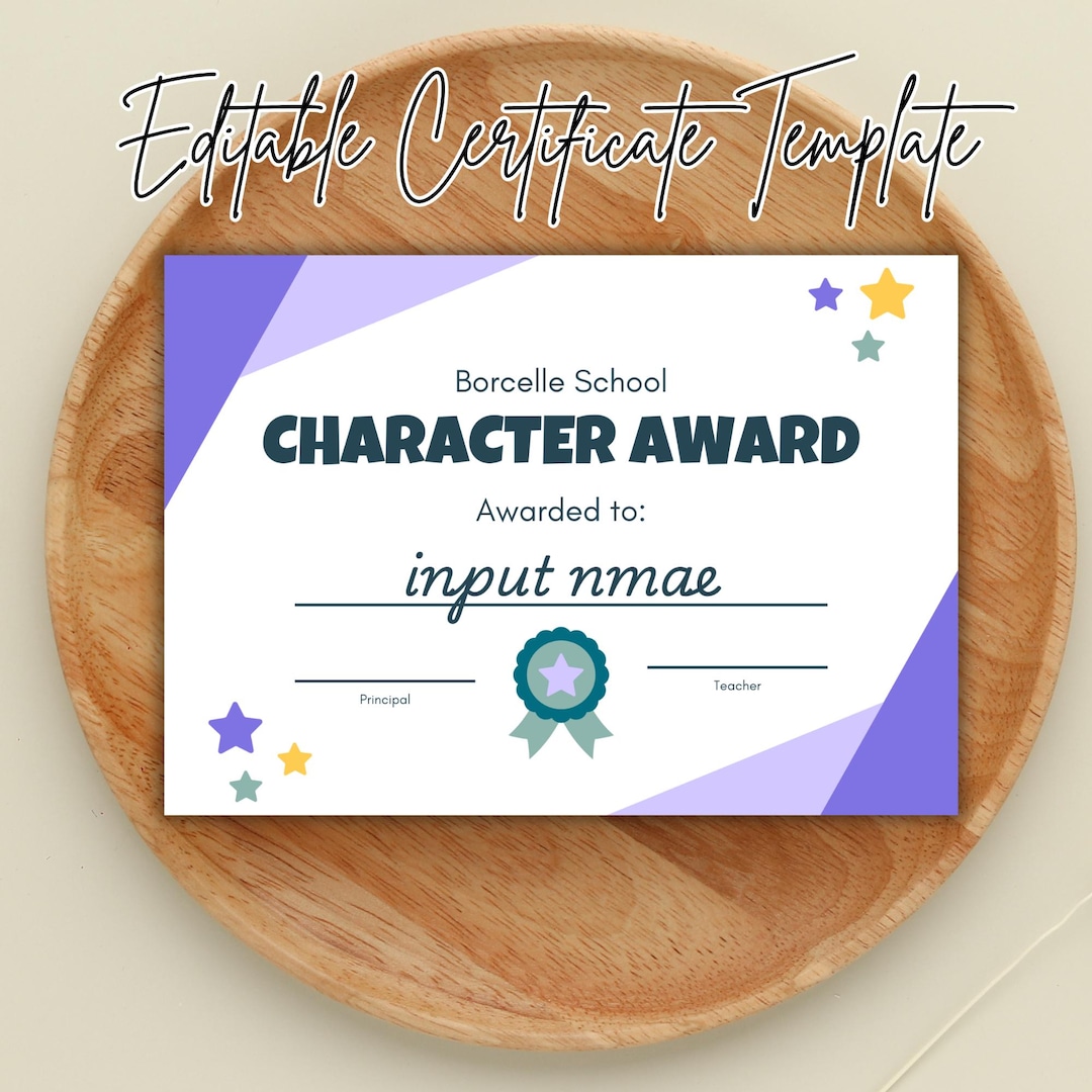 Character Award Certificate: Editable Canva Template (PDF Download) - Etsy