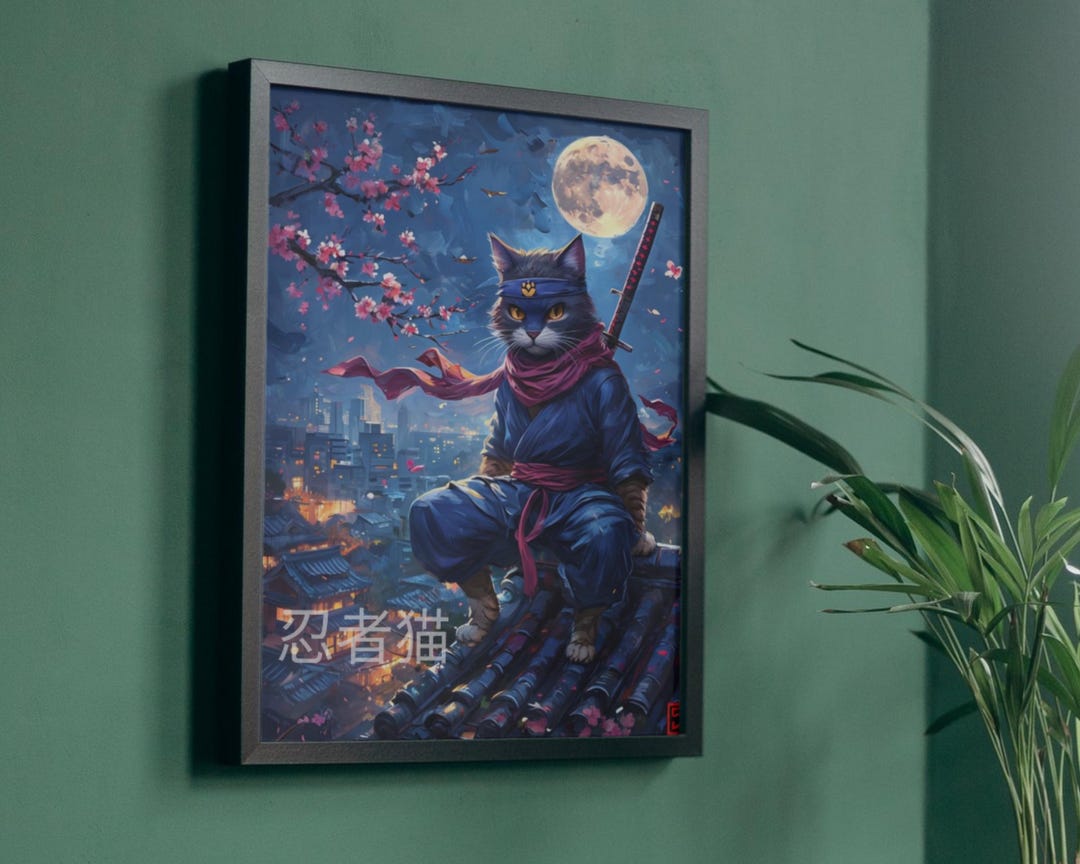 Cat Ninja Anime Poster | Digital Wall Art Download | Cute Samurai Cat ...