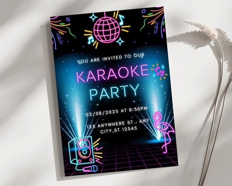 Editable Neon Karaoke Party Invitation, Retro 80s Party Evite, Glow ...