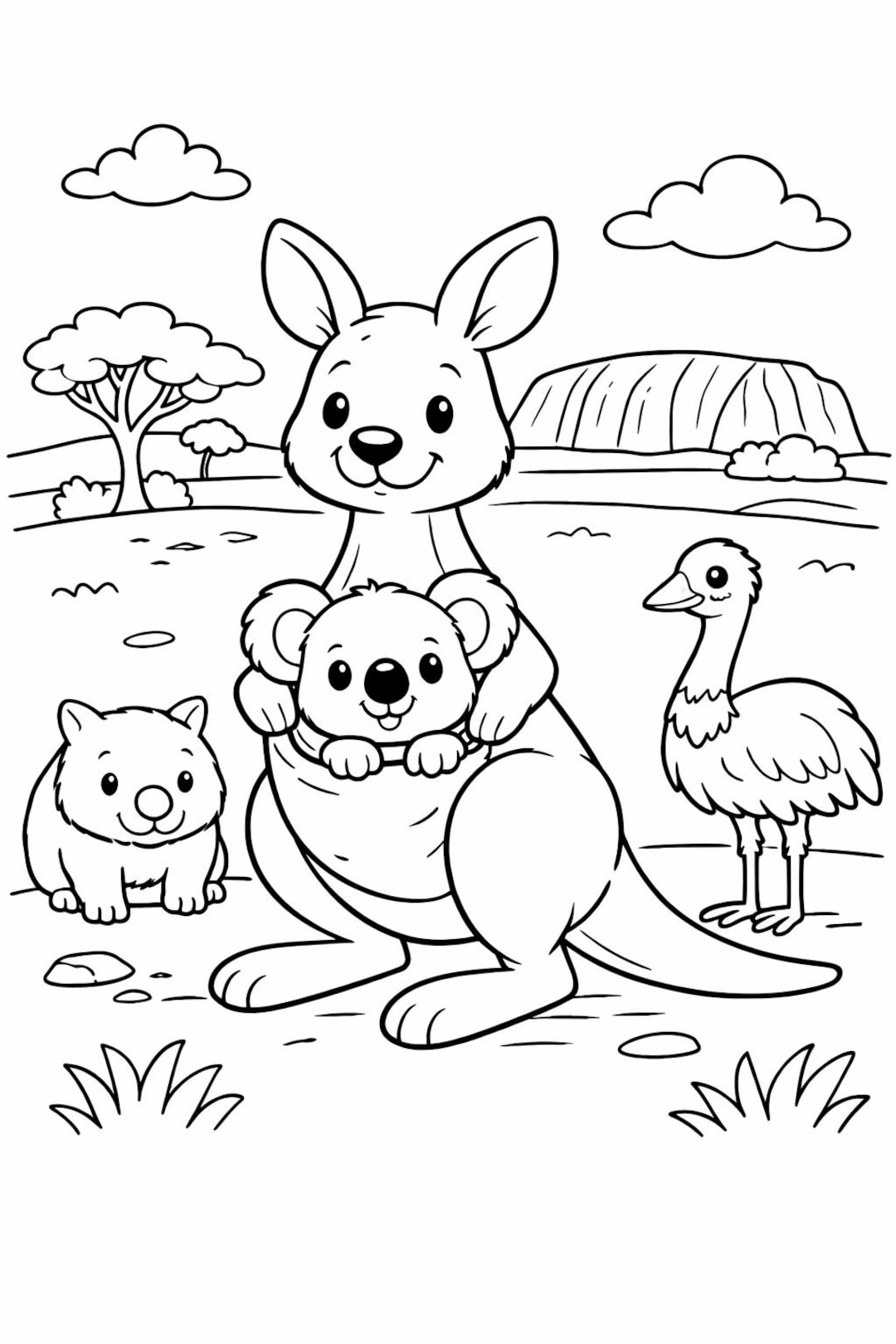 Australian Animals Coloring Page for Kids – Cute Kangaroo & Koala ...