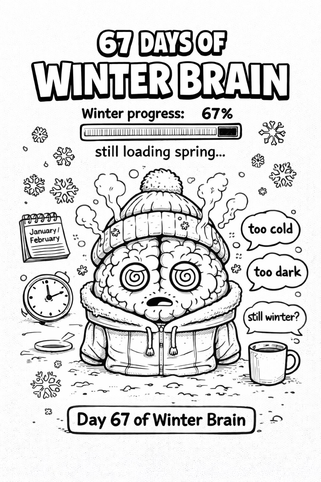 Meme Coloring Page | Winter Progress Brain | Funny Winter Mood ...