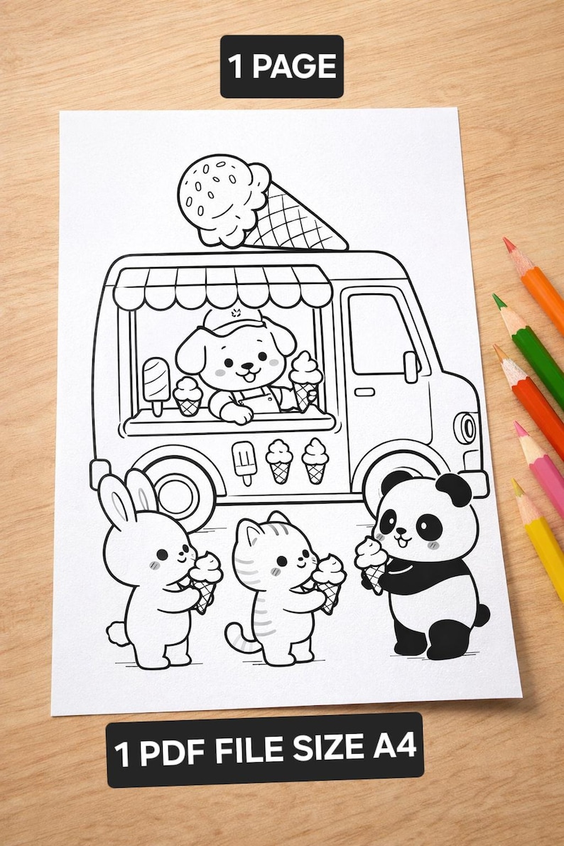 Kawaii Ice Cream Truck Coloring Page, Cute Animal Coloring Page for ...