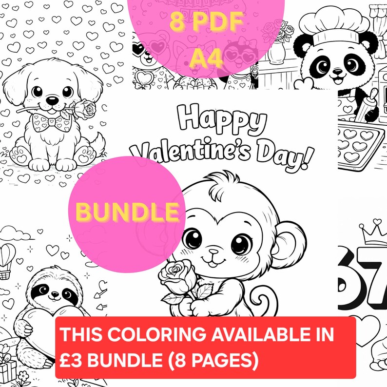 Valentine’s Day Coloring Page – Cute Animals for Kids, Printable PDF A4 ...