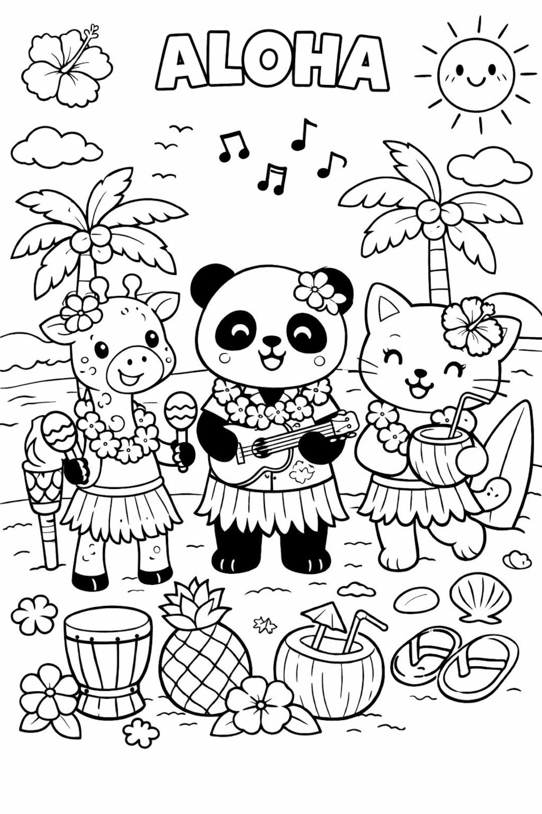 Hawaiian Party Coloring Page for Kids – Cute Luau Animals, Printable ...