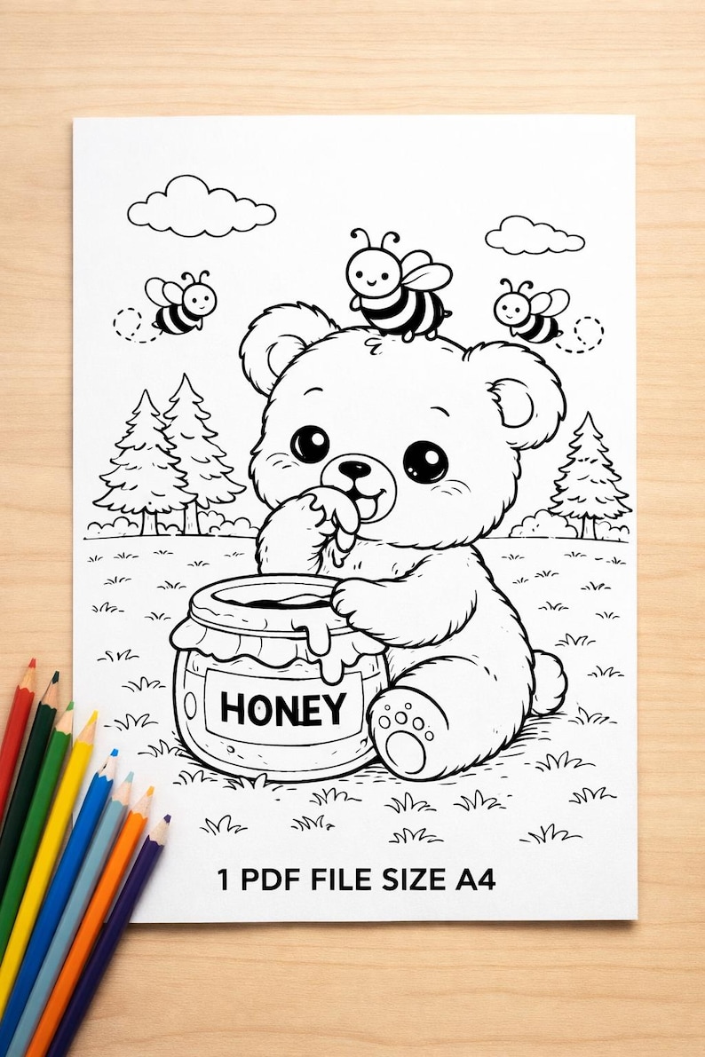 Bear Coloring Page for Kids | Teddy Bear With Honey Bees | Printable ...