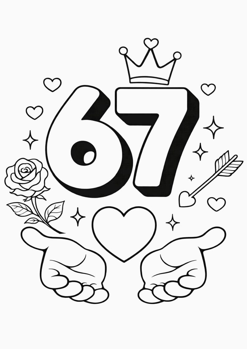 67 Coloring Page – Valentine’s Day Number Printable, Cute Love Hearts ...