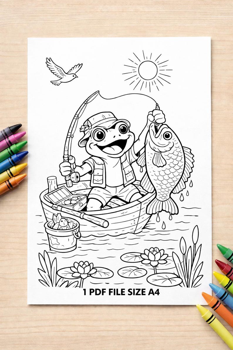 Frog Fishing Coloring Page for Kids | Cute Animal Coloring Sheet ...