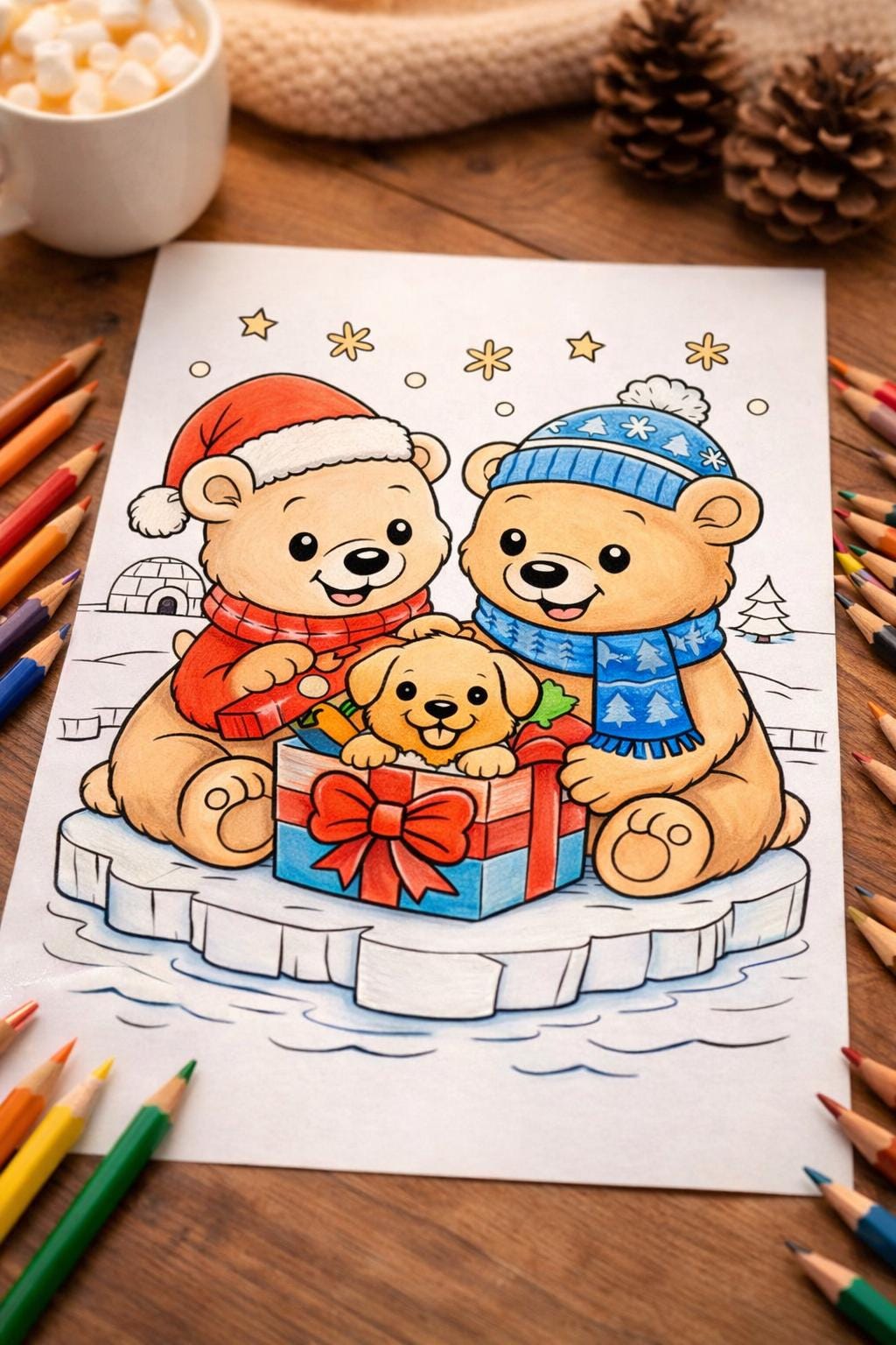 Polar Bear Christmas Coloring Page for Kids | Cute Winter Animals ...