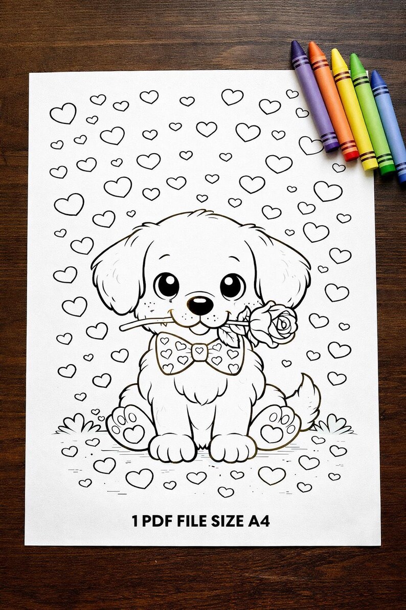 Valentine’s Day Coloring Page for Kids | Dog With Rose | Cute Valentine ...