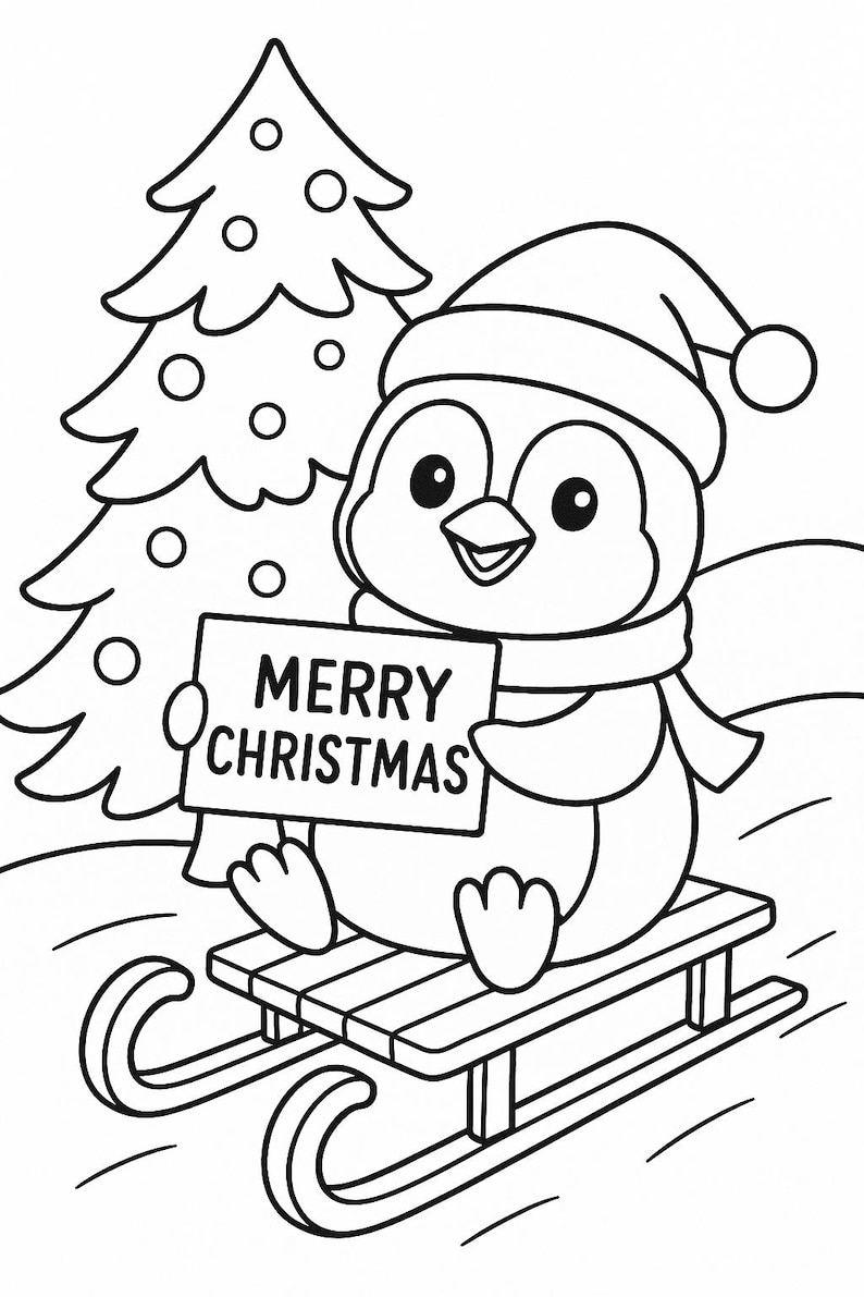 Penguin Christmas Coloring Page Printable | Cute Penguin on Sled ...