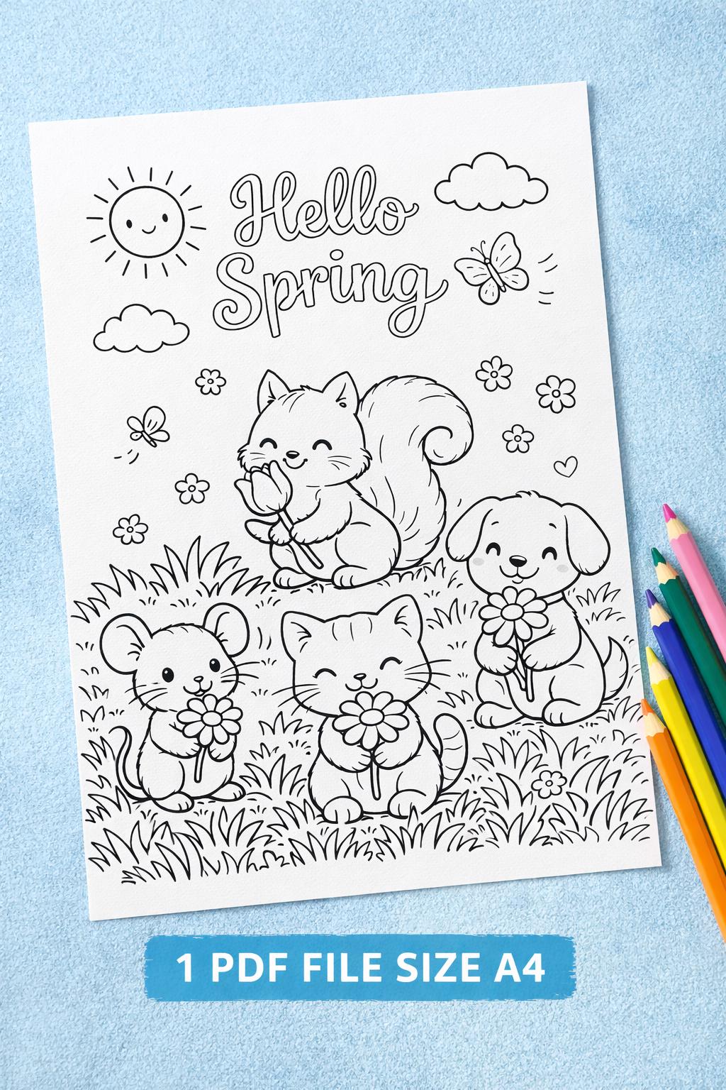 Coloring Page for Kids – Cute Animals, Hello Spring Printable, A4 PDF ...