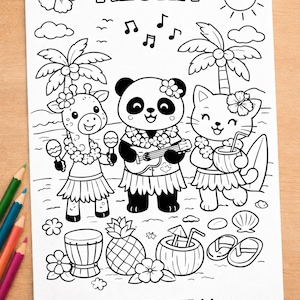 Hawaiian Party Coloring Page for Kids – Cute Luau Animals, Printable ...
