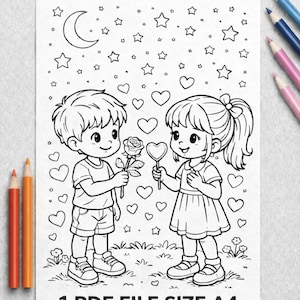 Valentine's Day Coloring Page for Kids, Cute Boy and Girl Love Coloring ...