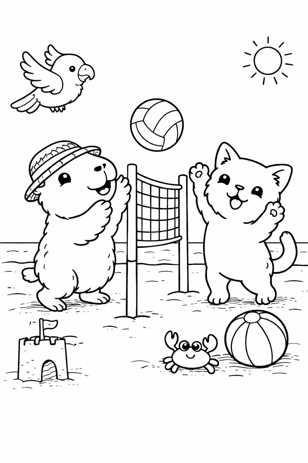 Cute Capybara and Cat Beach Coloring Page for Kids – Summer Vacation ...