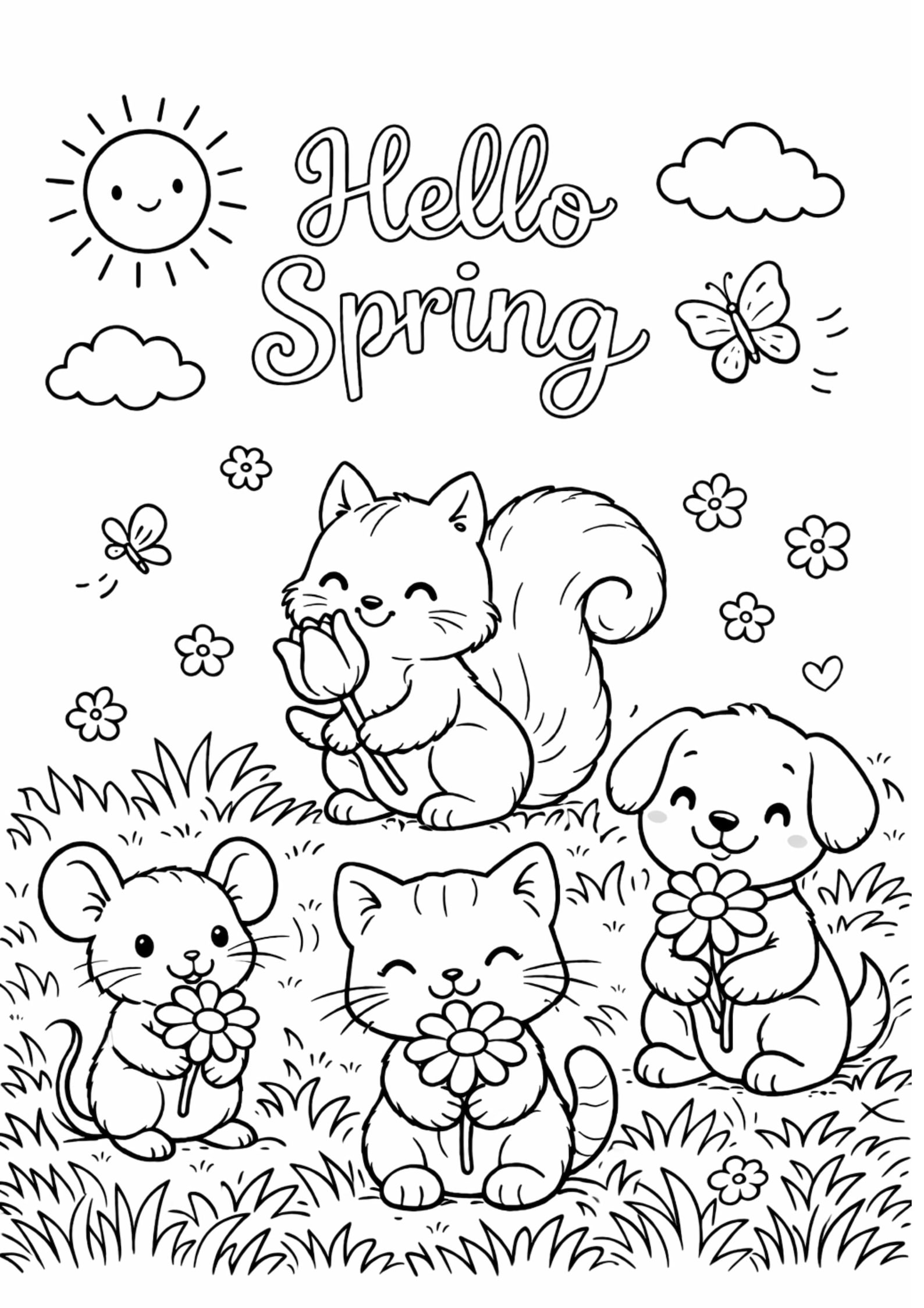 Coloring Page for Kids – Cute Animals, Hello Spring Printable, A4 PDF ...