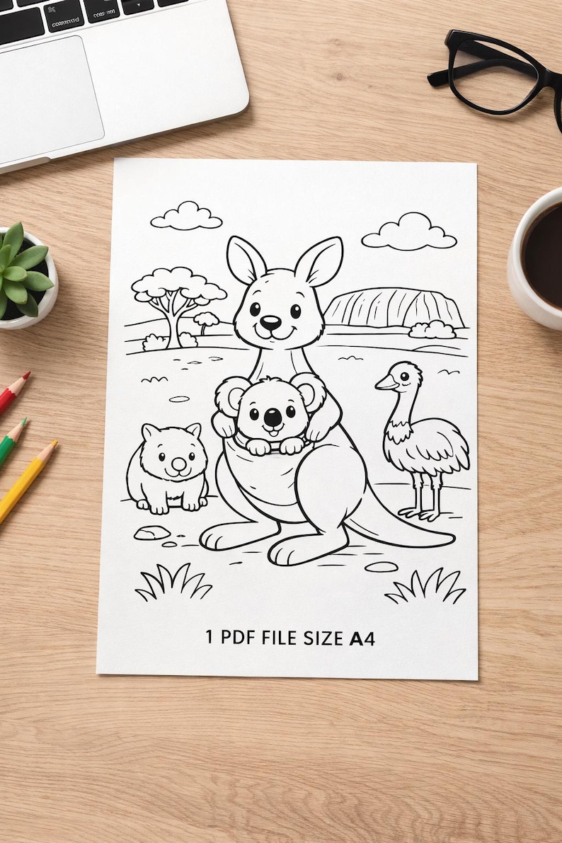 Australian Animals Coloring Page for Kids – Cute Kangaroo & Koala ...