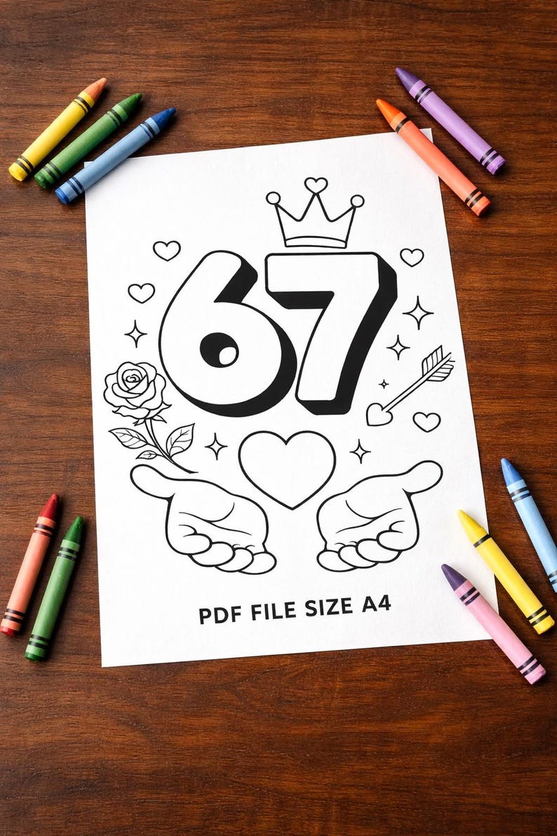 67 Coloring Page – Valentine’s Day Number Printable, Cute Love Hearts ...