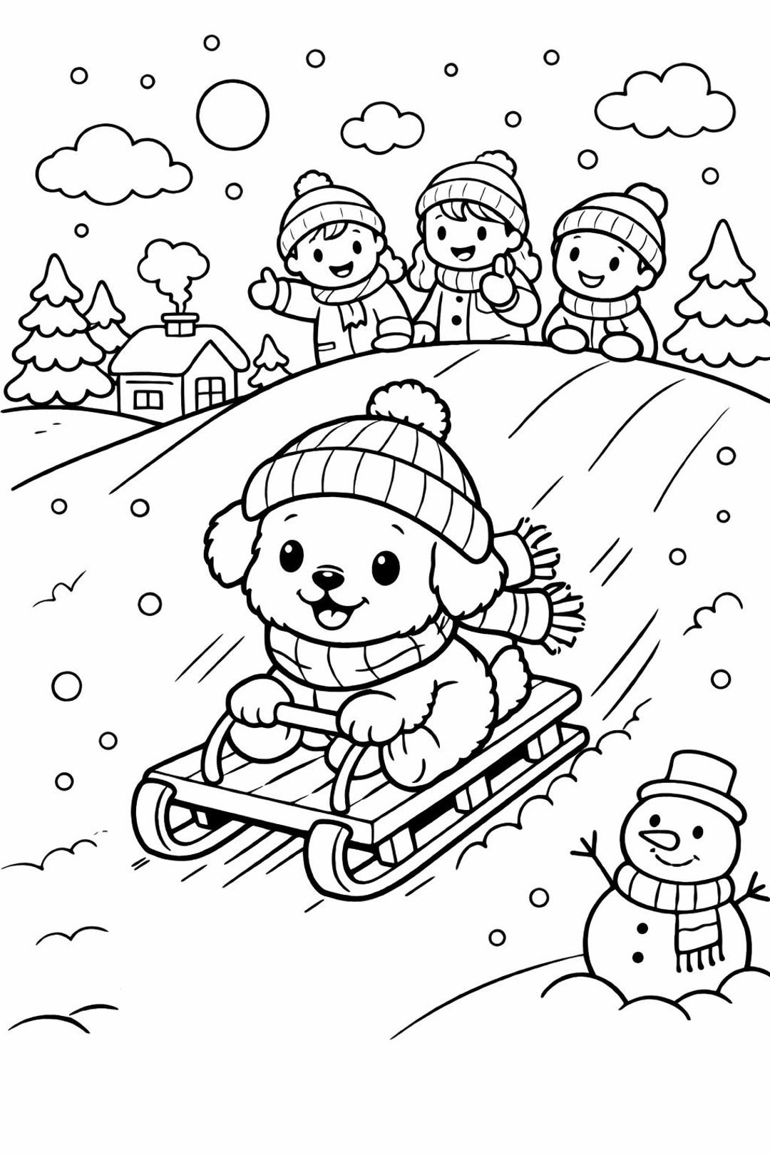 Winter Dog Coloring Page for Kids – Cute Puppy Sledding, Printable A4 ...