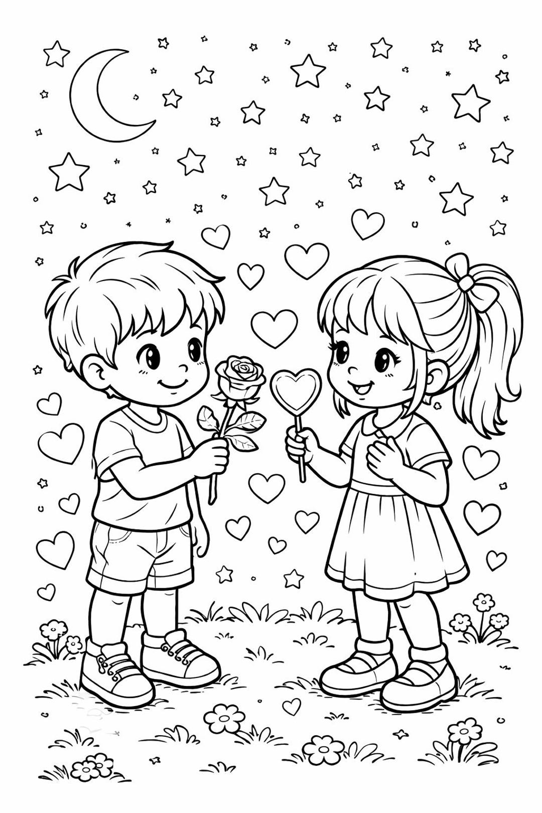 Valentine's Day Coloring Page for Kids, Cute Boy and Girl Love Coloring ...