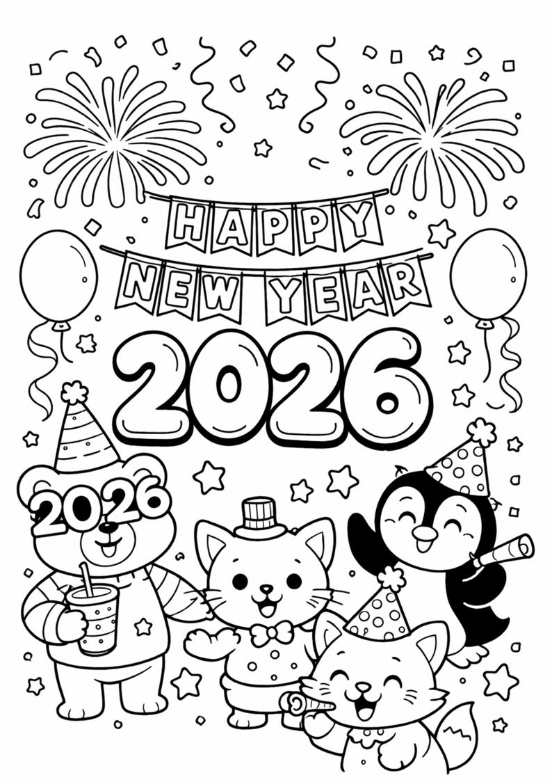 Coloriage Nouvel An 2026 pour enfants : animaux mignons, bonne année ...