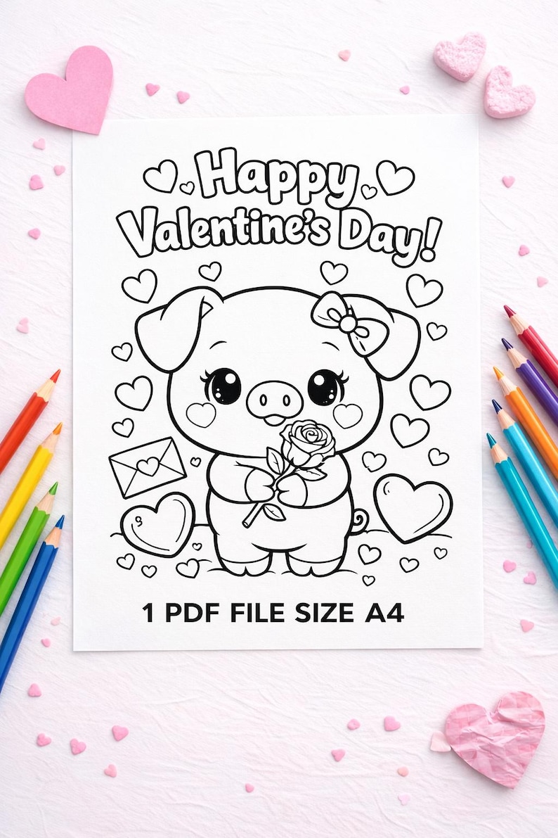 Valentine’s Day Coloring Page – Cute Kawaii Pig With Rose, PDF A4 ...
