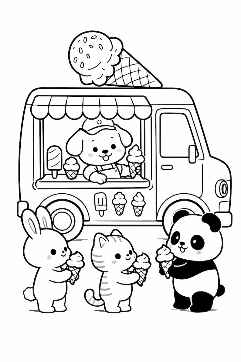 Kawaii Ice Cream Truck Coloring Page, Cute Animal Coloring Page for ...