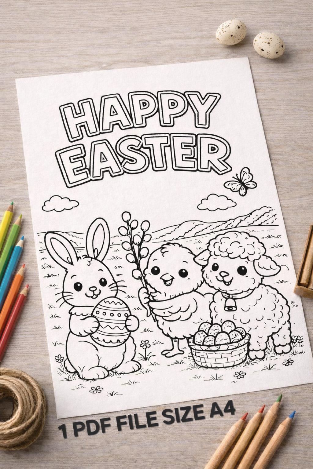 Easter Coloring Page for Kids – Cute Bunny Chick and Lamb – Happy ...
