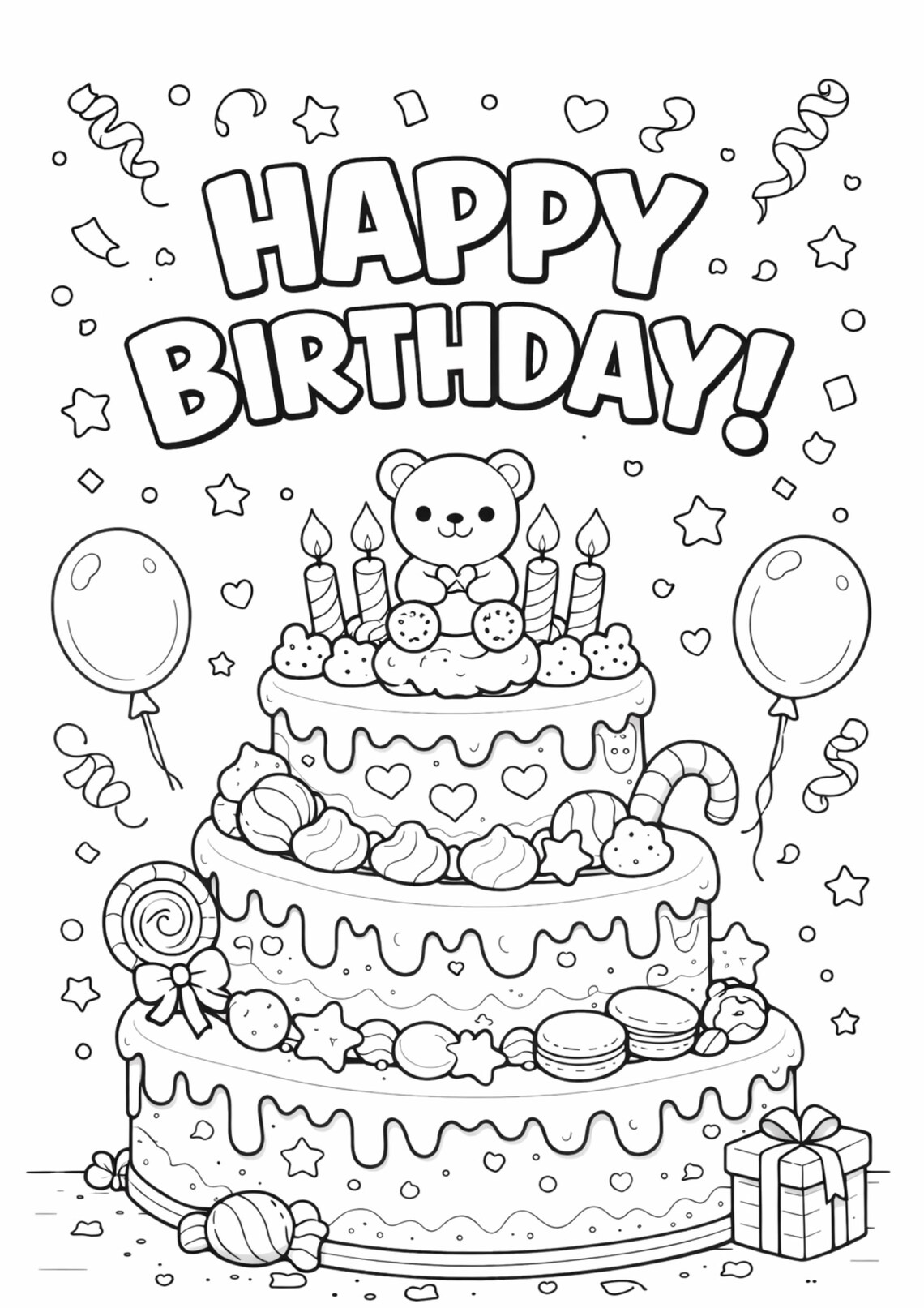 Birthday Cake Coloring Page | Cute Birthday Bear Coloring | Printable ...