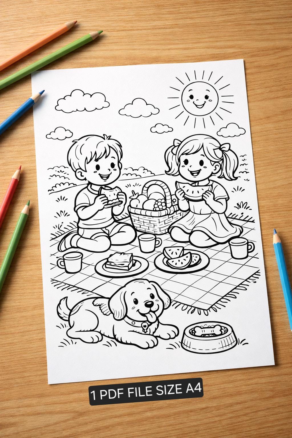 Picnic Coloring Page for Kids – Printable A4 PDF – Cute Summer Picnic ...