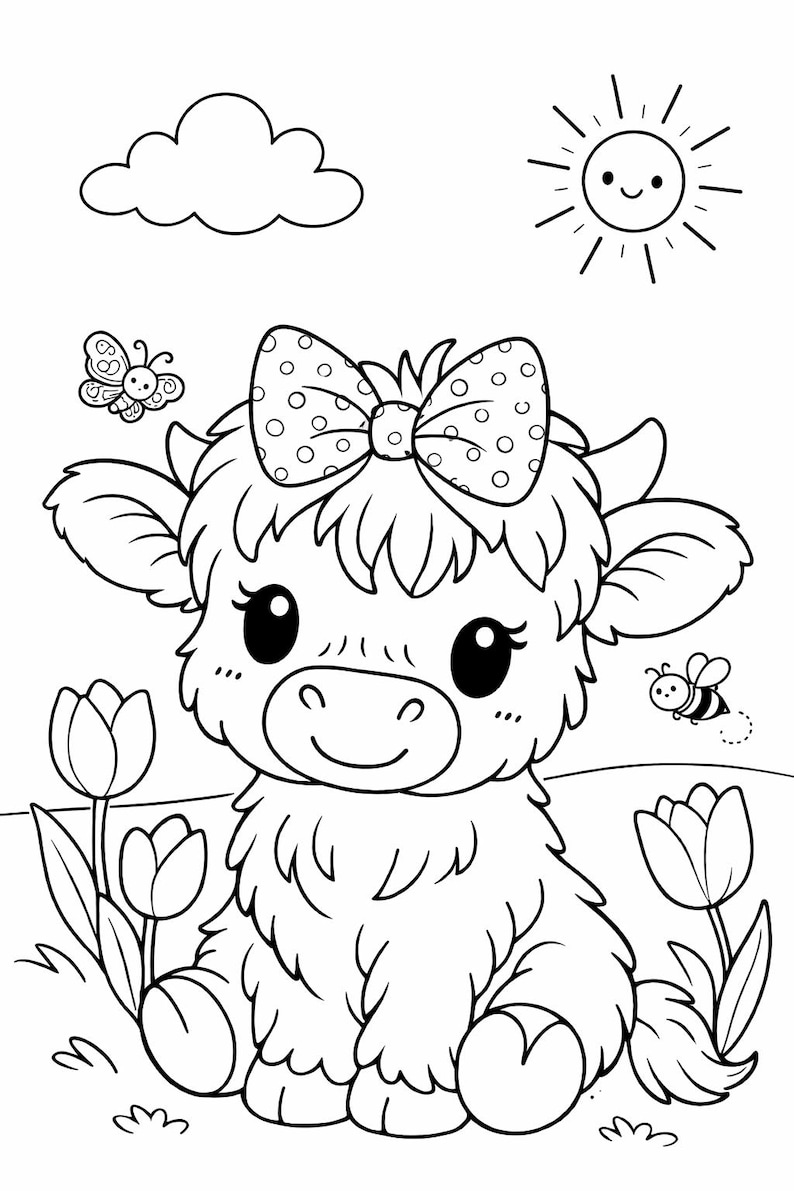Highland Cow Coloring Page for Kids | Cute Farm Animal Printable | Easy ...