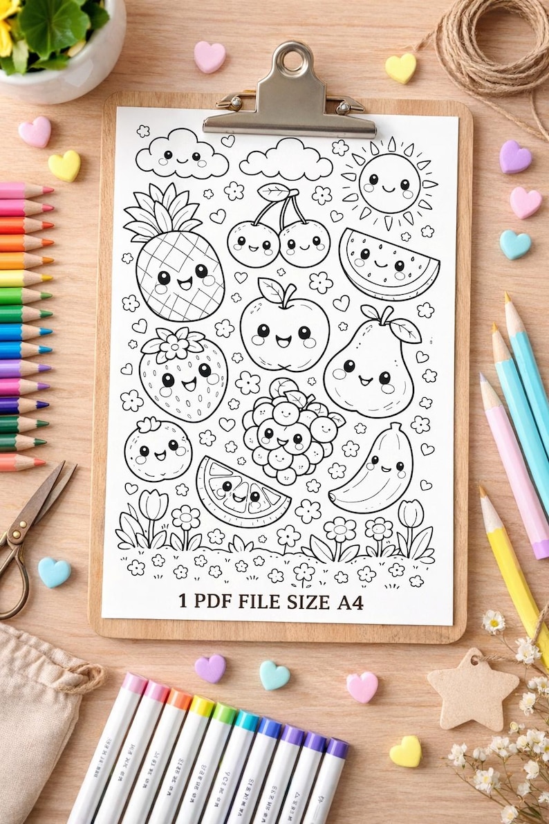 Kawaii Fruit Coloring Pages for Kids – Cute Food Coloring Book ...