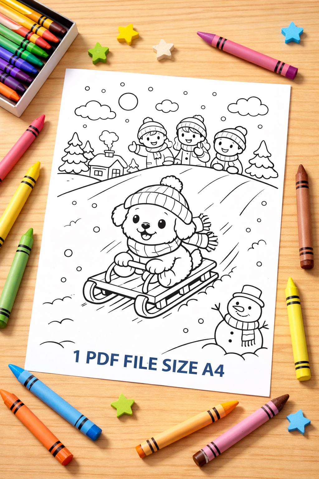 Winter Dog Coloring Page for Kids – Cute Puppy Sledding, Printable A4 ...